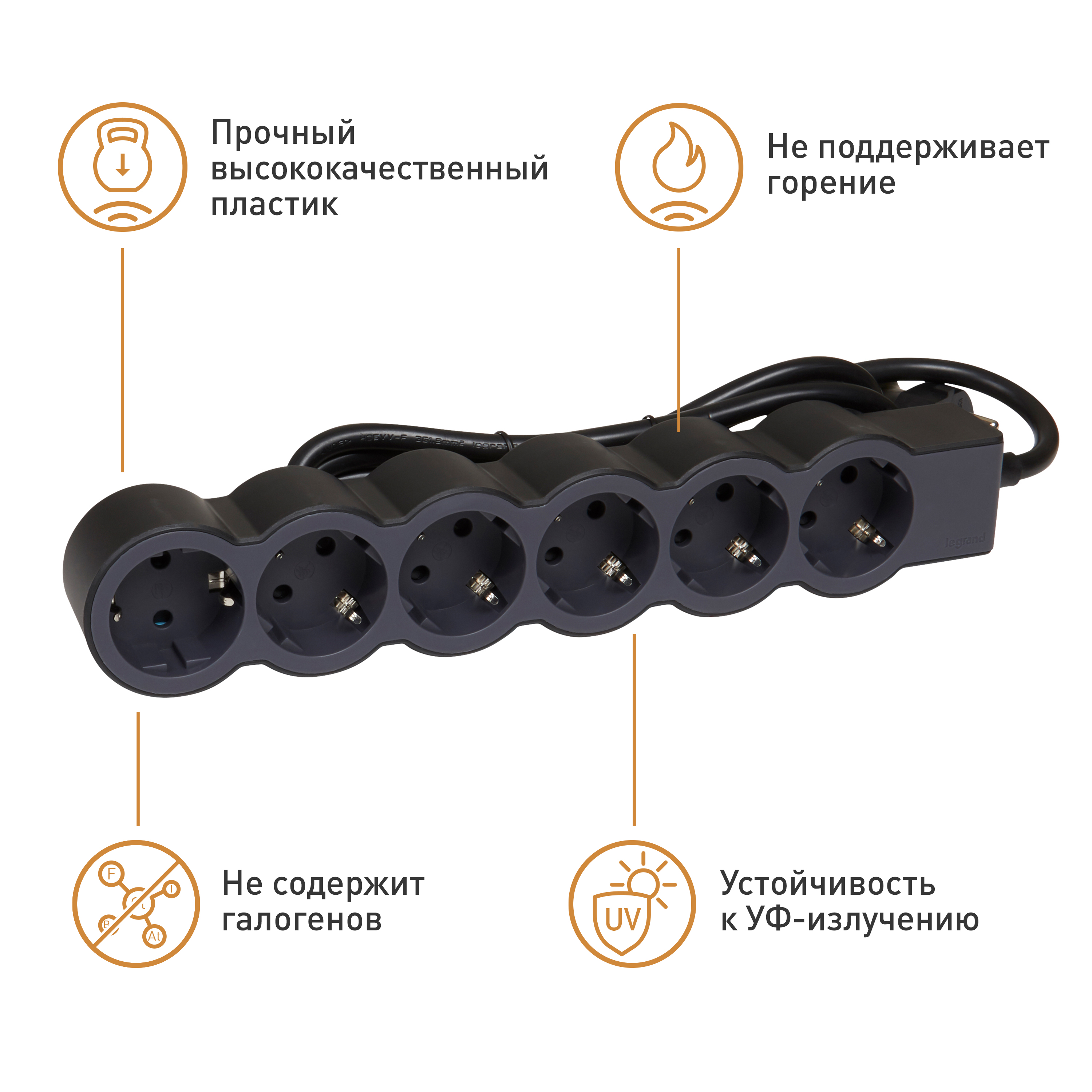 Legrand Revolution Стандарт Черный Удлинитель 6x2К+З, кабель 3м - e.way